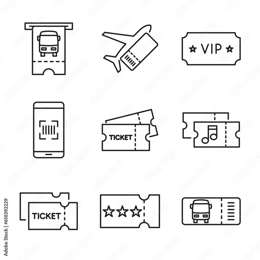 Vector set of admission tickets thin line. Collection of linear symbols ...