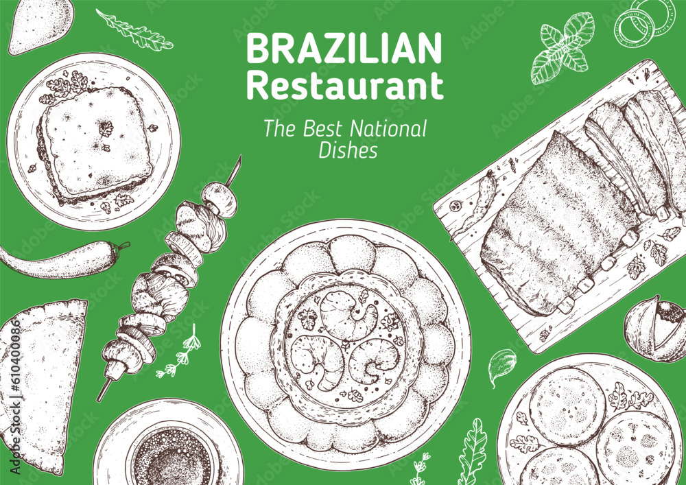 Brazilian food top view vector illustration. Food menu design template ...