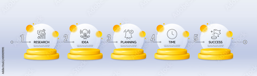 Timeline infograph chart with 5 steps. 3d podium product stage ...