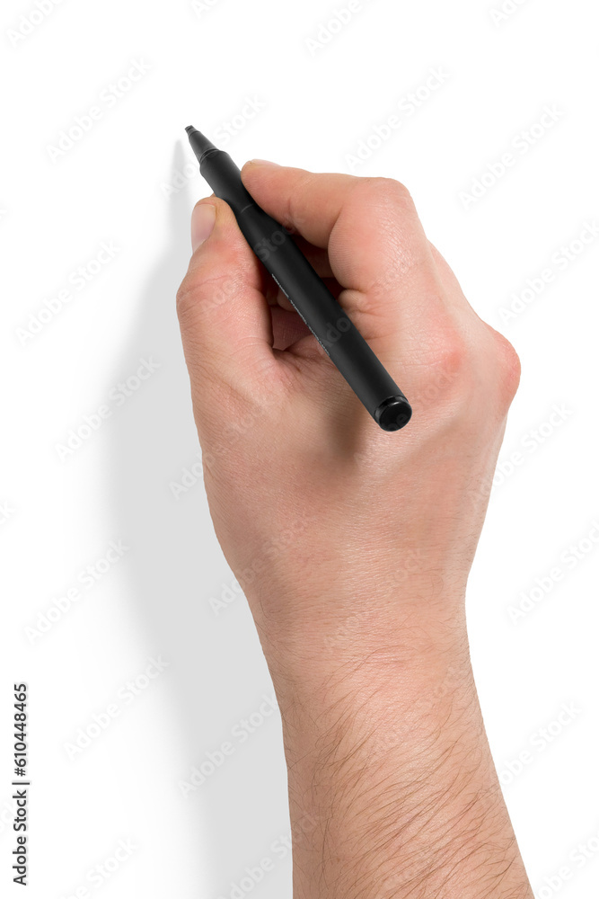 Top view of a male hand writing with a marker, pen in hand, isolated on ...