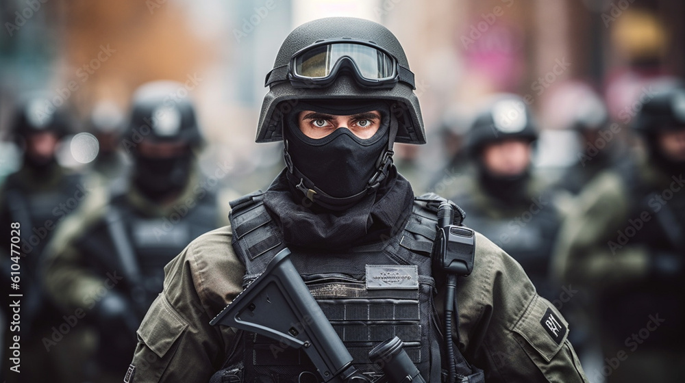 Soldiers in a team in a squad in uniform in full gear, bulletproof vest ...