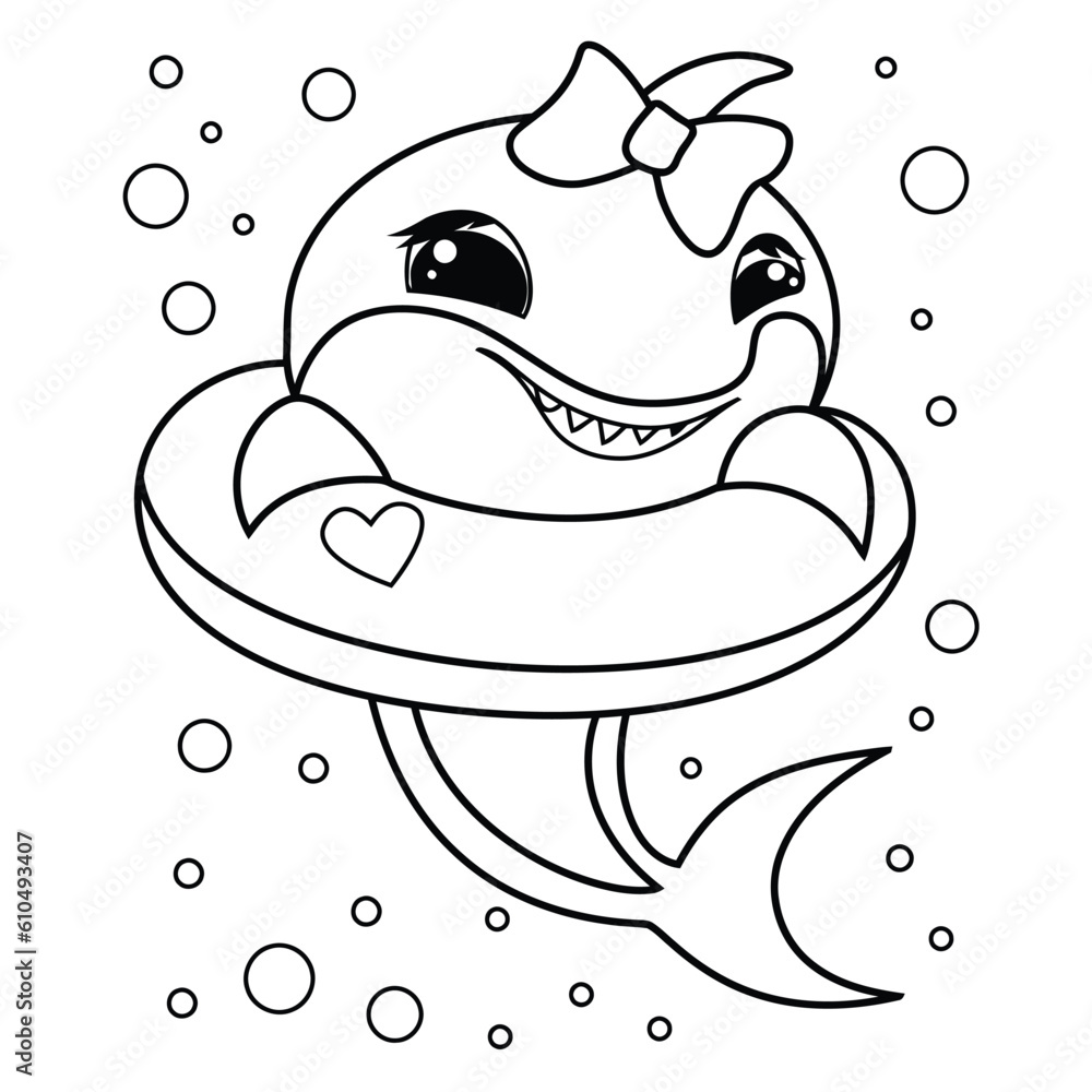Baby Shark Coloring Page, Easy Shark Vector Illustration for Kids With ...