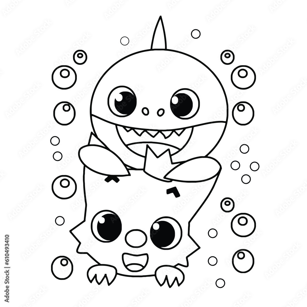 Baby Shark Coloring Page, Easy Shark Vector Illustration for Kids With ...
