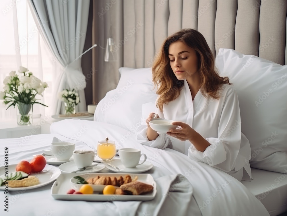 Sensual girl in white bad linen eats breakfast in bed in the morning in ...
