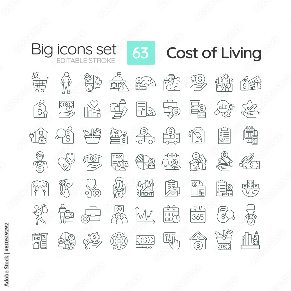 Cost of living linear icons set. Well being. Household budget ...