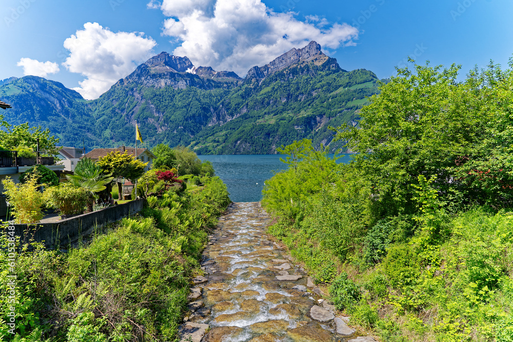 Scenic view with river and Lake Lucerne with beautiful mountain ...