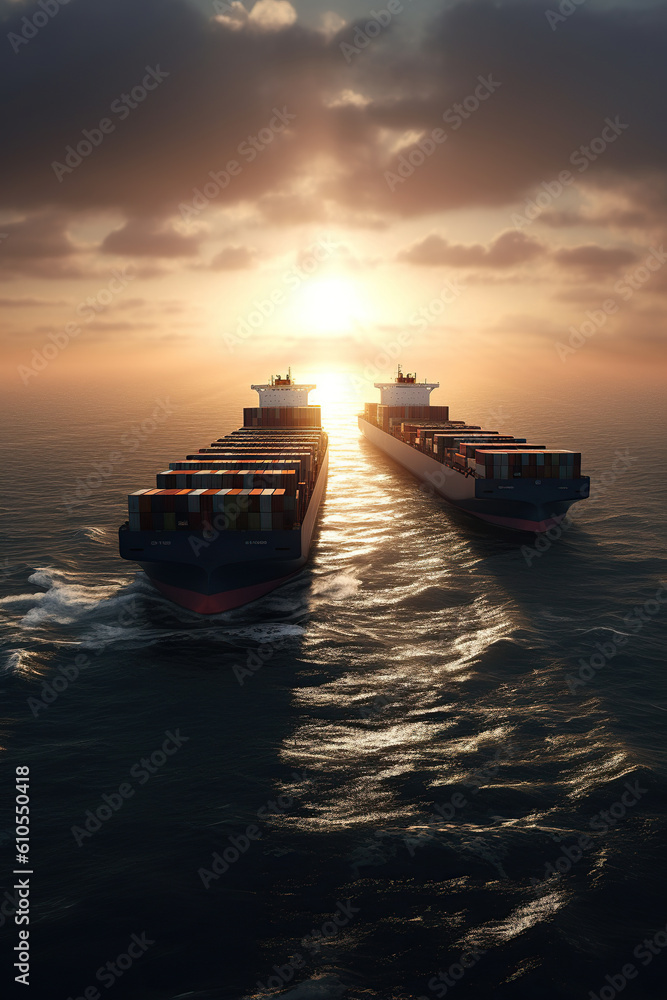 Container cargo ship boat in the open sea, import export business ...