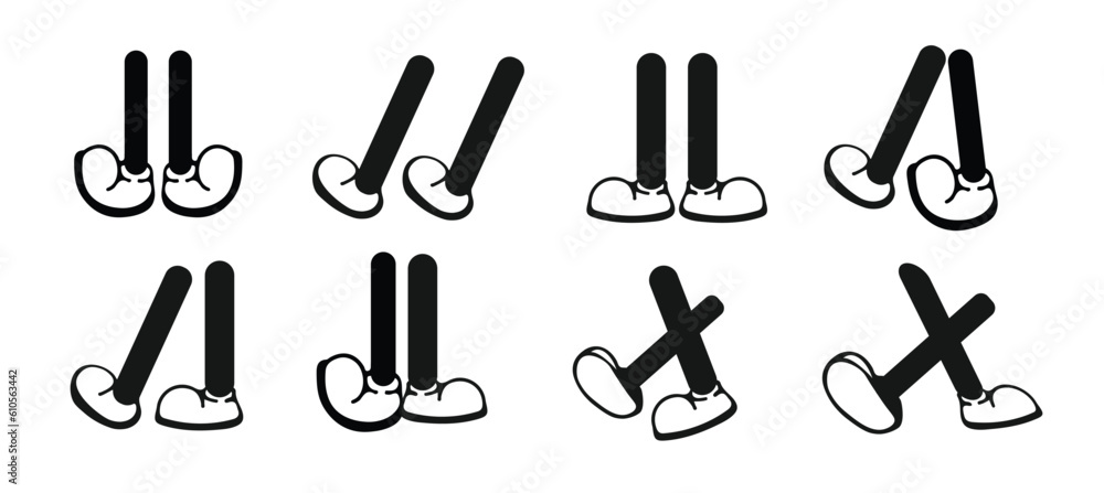 Cartoon legs in shoes. Comic retro feet in different poses, funny ...
