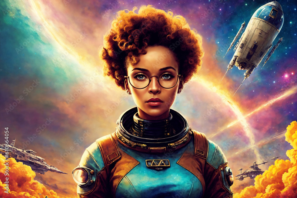 Portrait of a beautiful woman as an astronaut, space theme in the retro ...