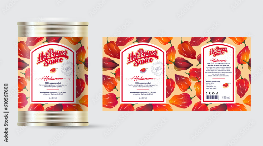 Pepper Sauce label and packaging. Tin can with label with seamless ...