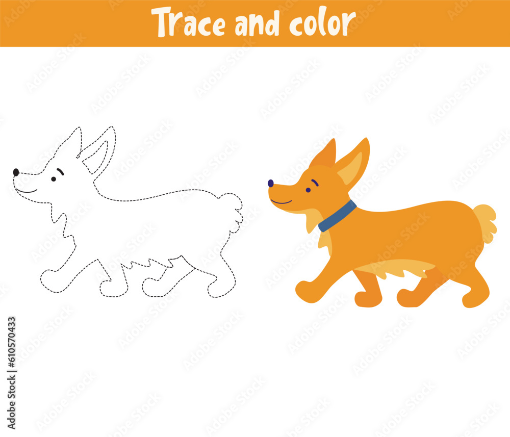 Trace and color cartoon vector dog. Educational coloring page ...