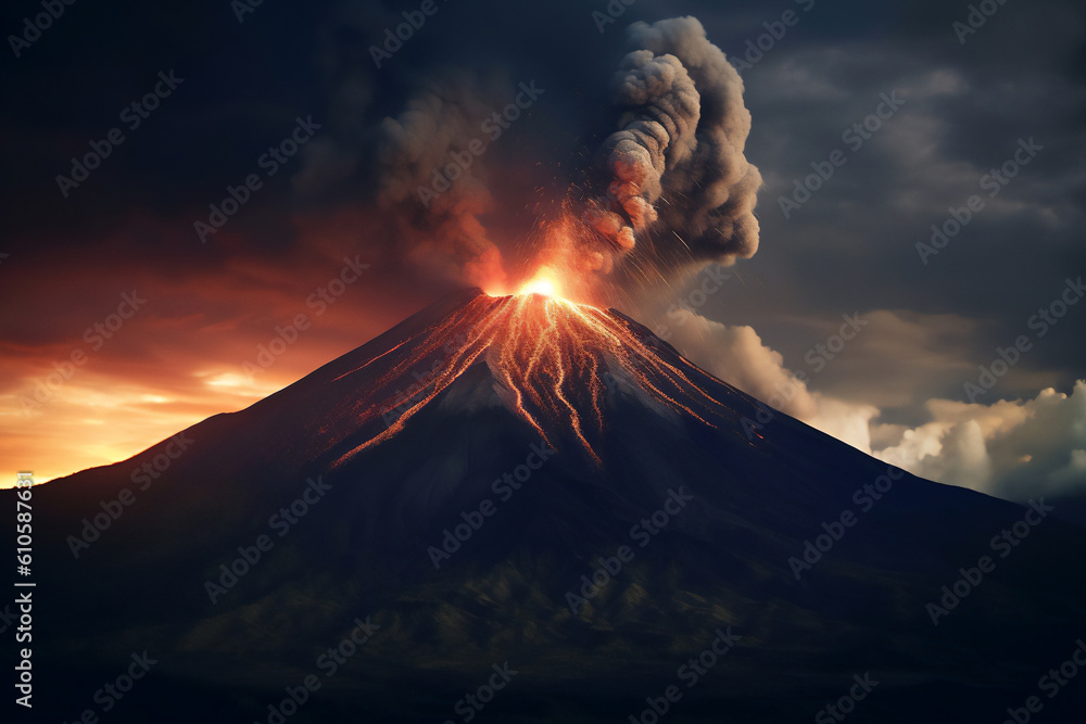 Volcano eruption creating an explosive mix of volcanic ash and molten ...