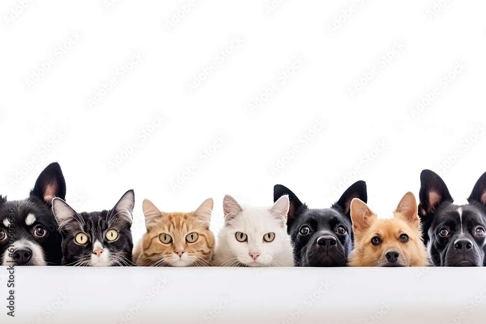 Cute dogs and cats over white horizontal website banner or social media ...