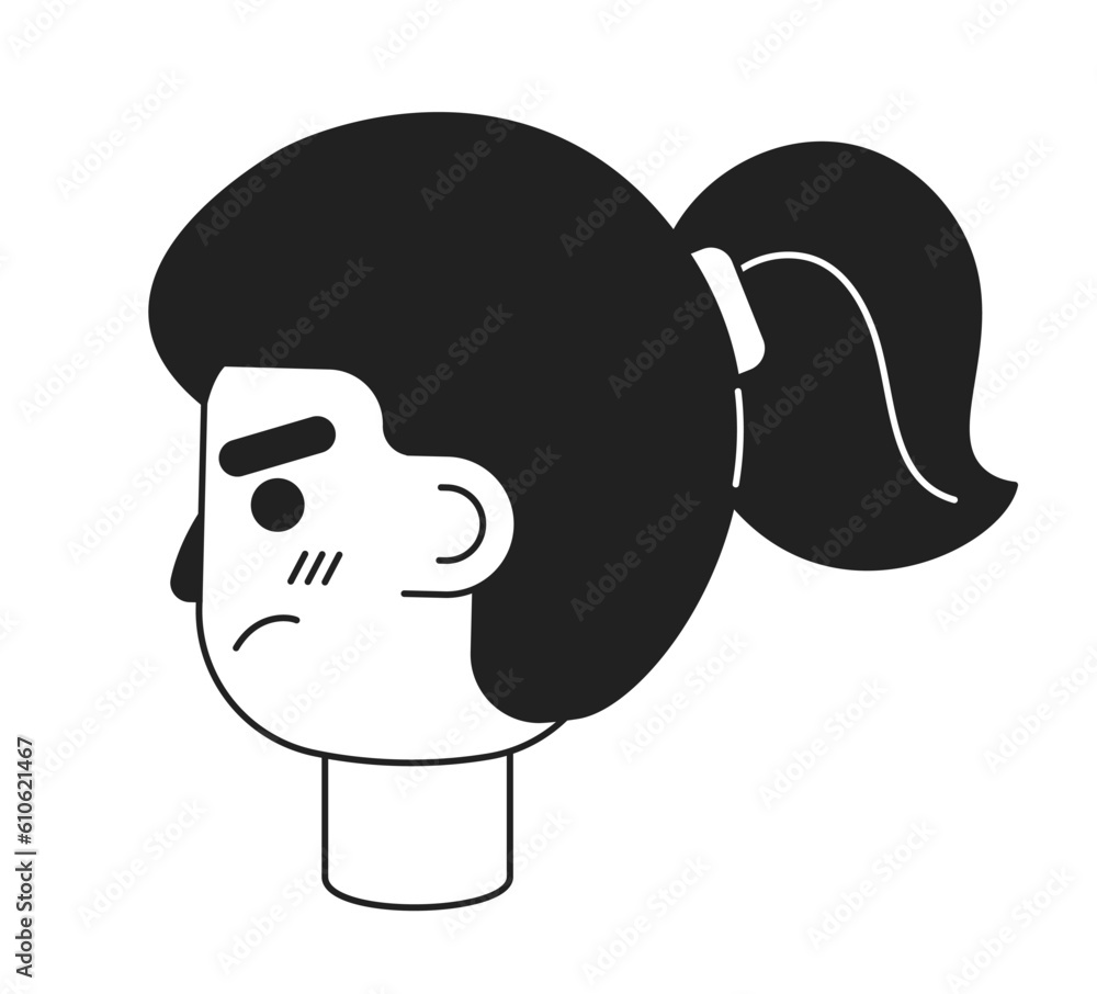 Angry female teenager with ponytail side view monochrome flat linear ...