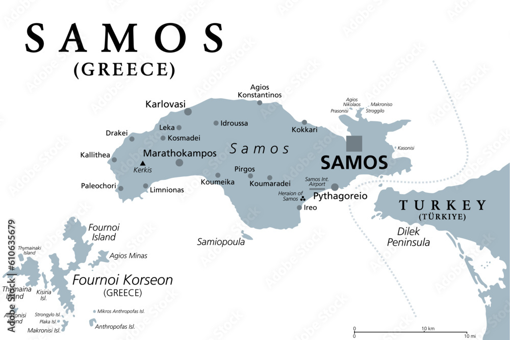 Samos, Greek island, gray political map. Island in eastern Aegean Sea ...