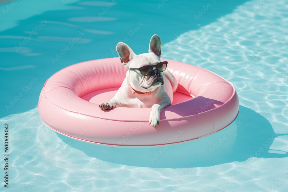 white French bulldog swimming in a pink pool float in the swimming pool ...