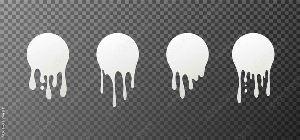 White dripping circle paint set. Painted drip stickers or circle labels ...