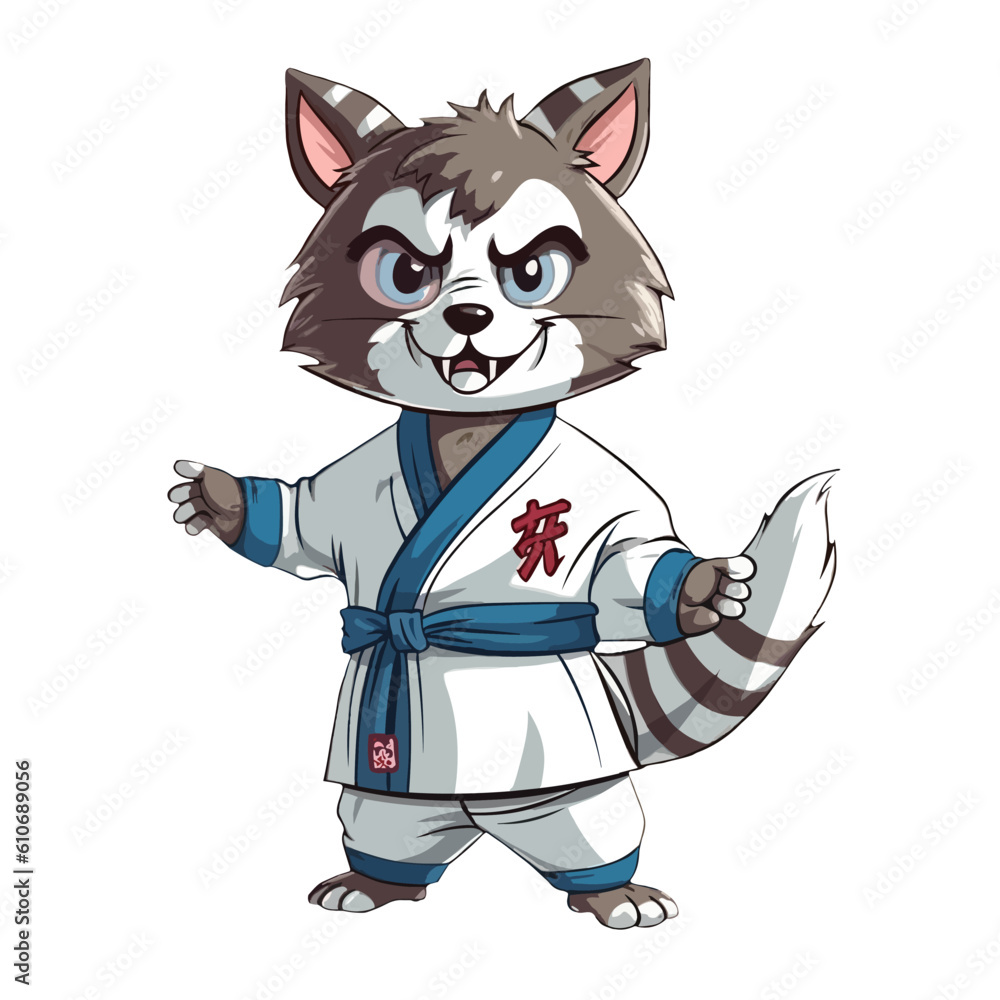 Funny cartoon raccoon practicing karate in a stylish kimono, wild animal Stock Vector | Adobe Stock