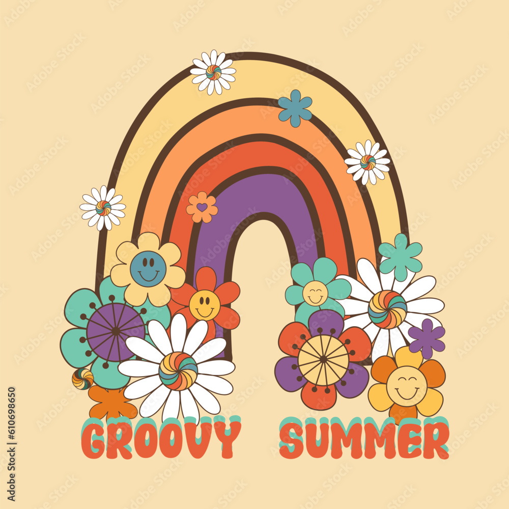 Groovy retro rainbow with flowers, hippie floral clipart, isolated ...