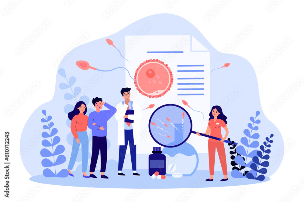 Scientists studying male fertility vector illustration. Frustrated ...