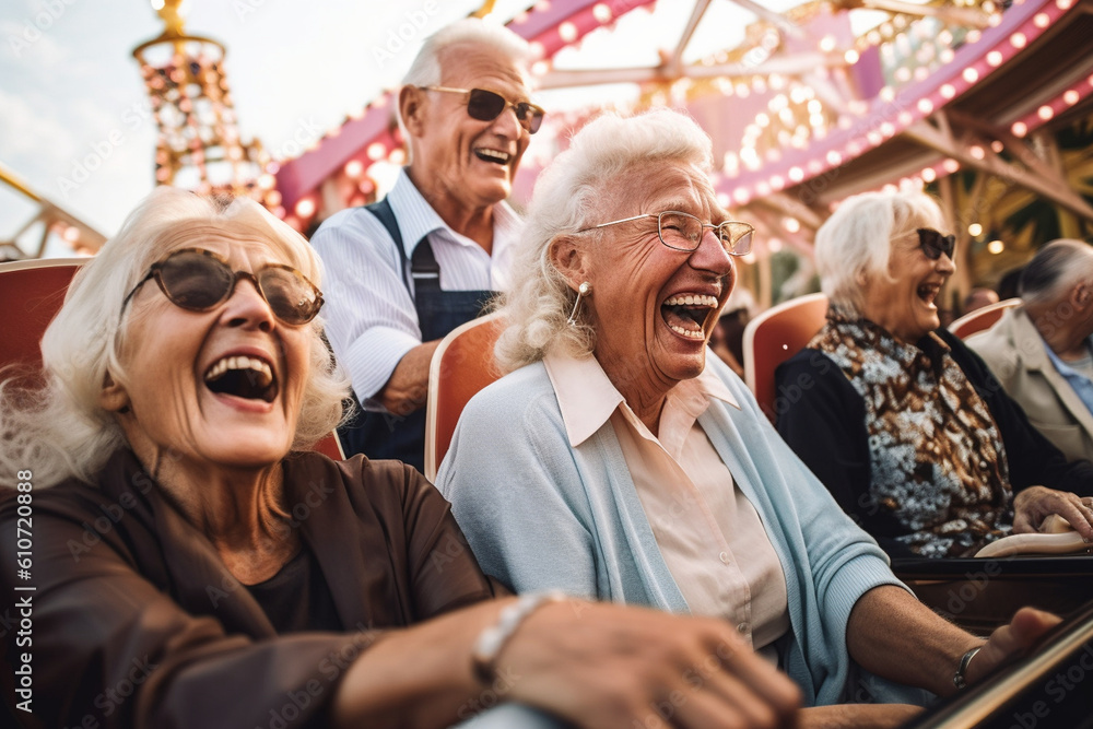 A group of seniors enjoying a day at the amusement park, riding roller ...