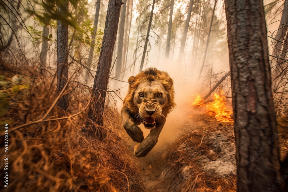 Angry lion running to escape from a forest fire. Stock Illustration ...