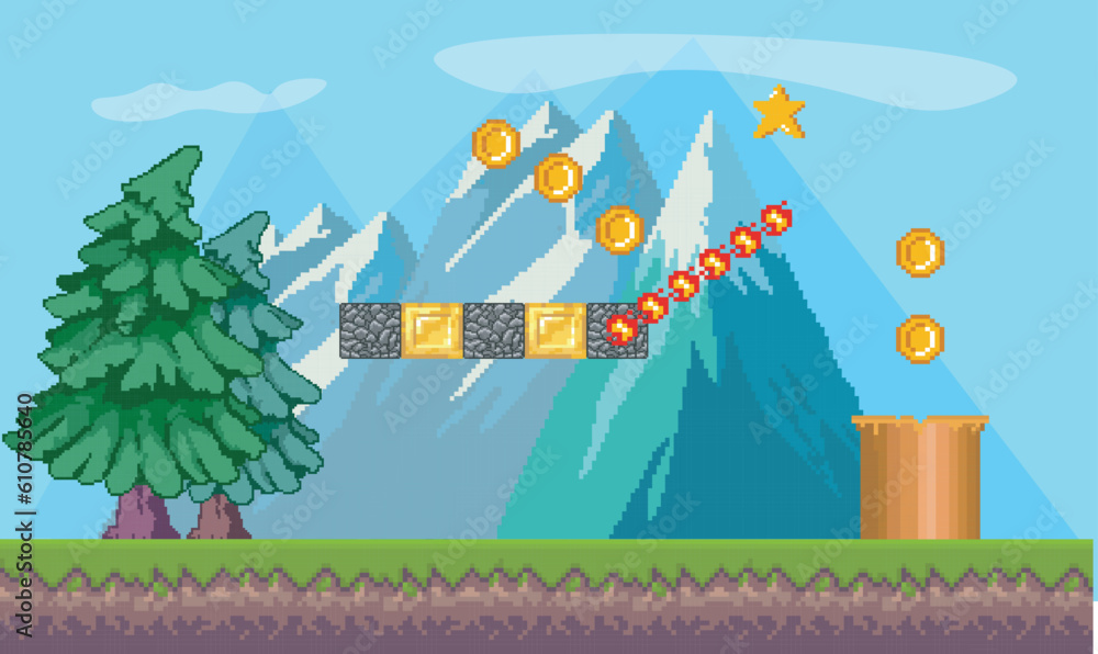 Start game, choose player, pixel game background forest trees, fire ...