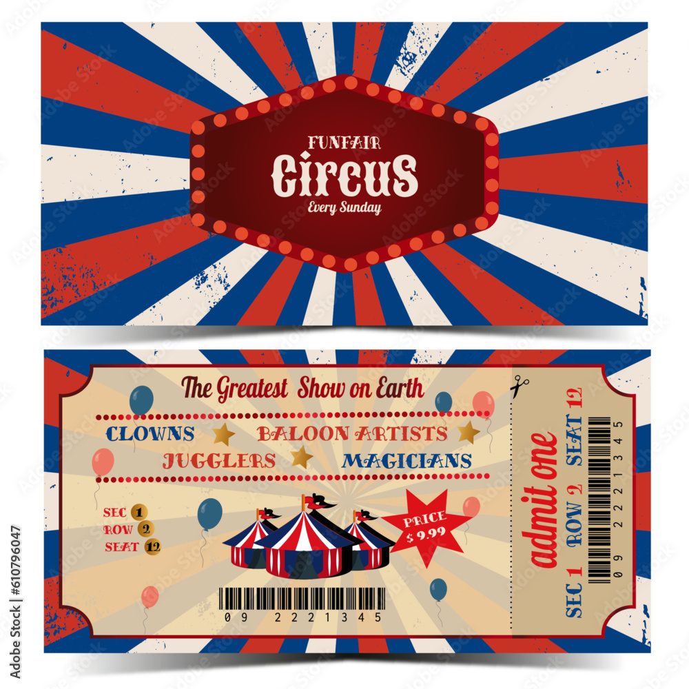 Circus ticket template. Front and back. Carnival ticket. Ready to print ...