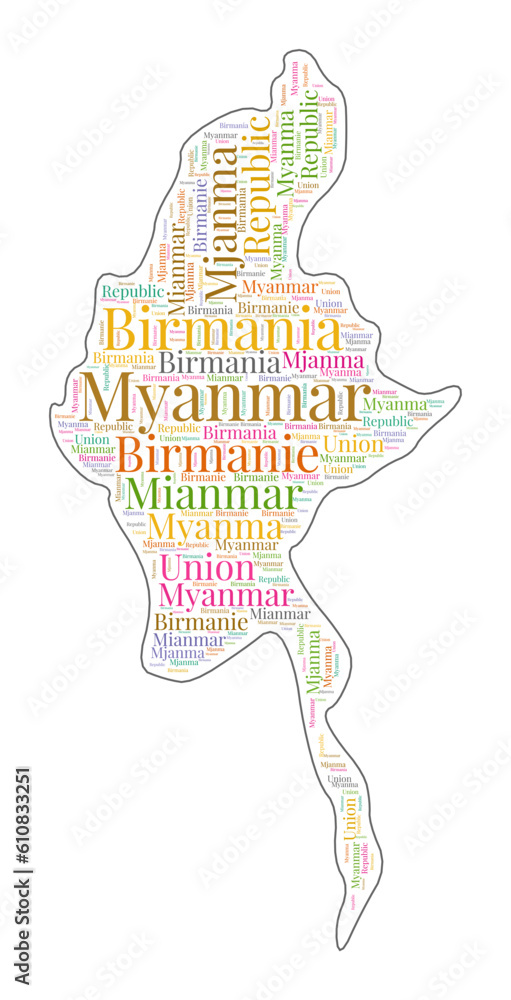 Myanmar shape filled with country name in many languages. Myanmar map ...