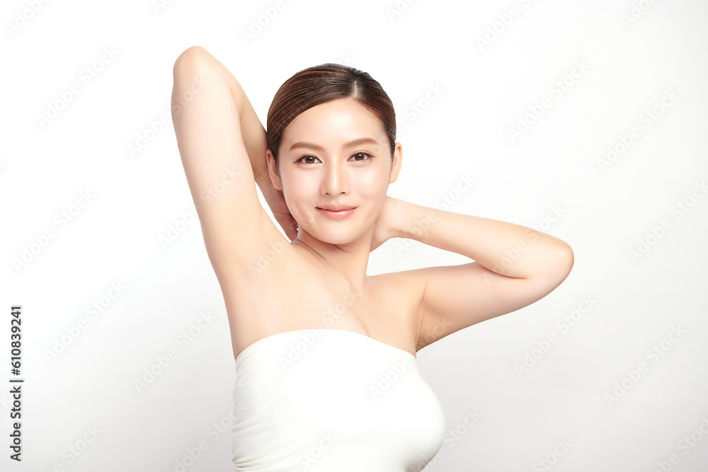 Beautiful Young Asian woman lifting hands up to show off clean and ...