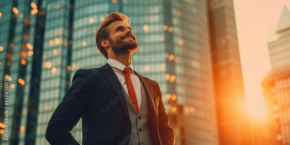 Happy wealthy rich successful business man standing in big city modern ...