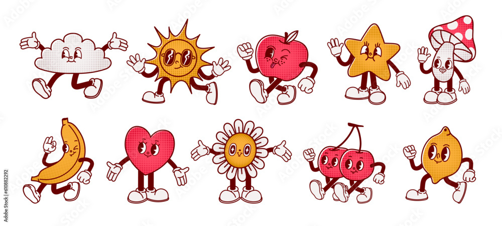 Cartoon abstract character. Retro trendy characters, comic sun and ...