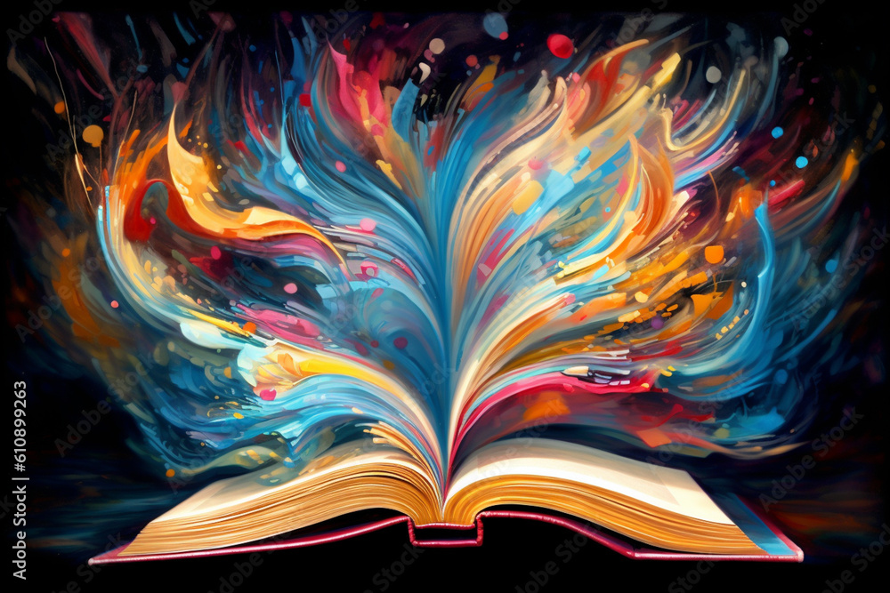 An abstract painting of an open book with swirling colors and patterns ...