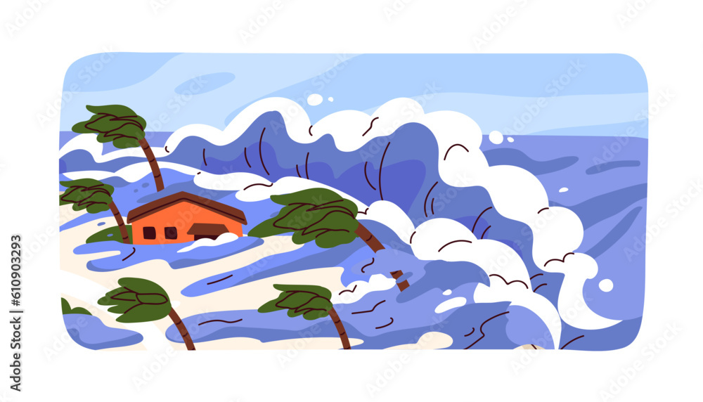 Flood, tsunami landscape. Natural disaster, catastrophe with water waves overflowing. Nature ...