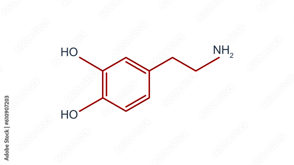 Structural chemical formula of dopamine molecule over white background ...