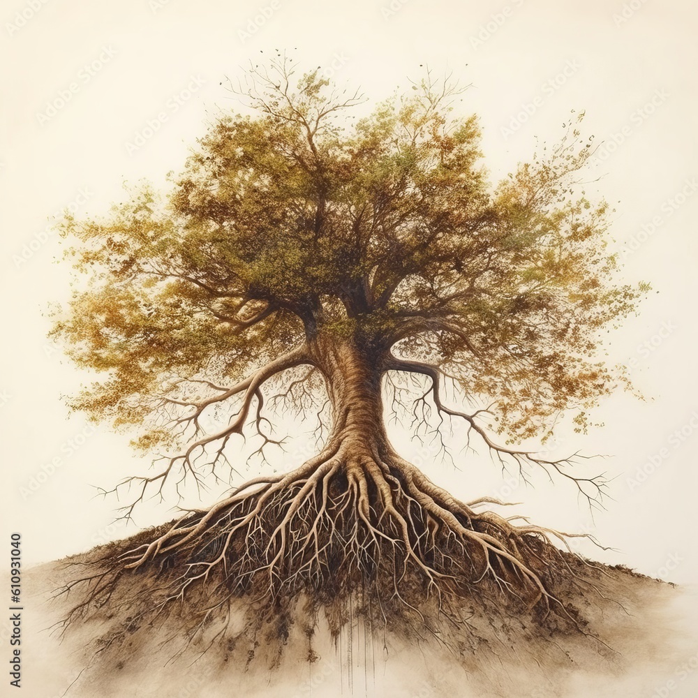 Deciduous tree with roots, Generative AI. Stock Illustration | Adobe Stock