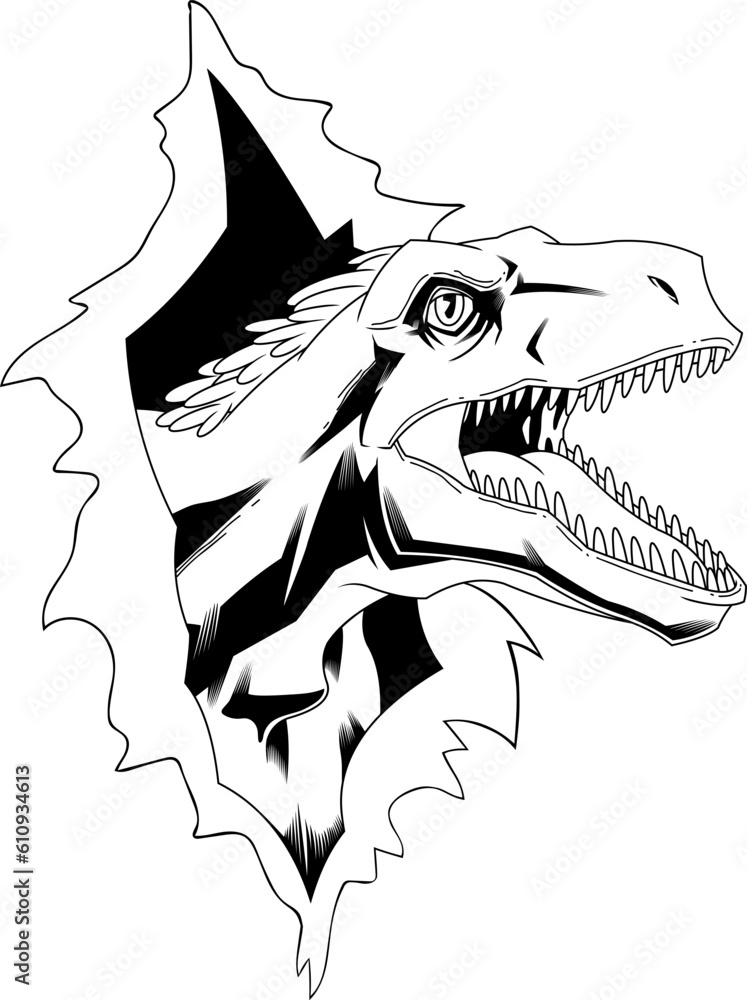 Outlined Utahraptor Dinosaur Breaks The Paper Graphic Design. Vector ...