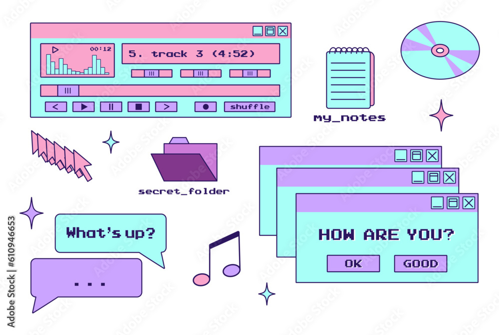 y2k trendy set of objects, old computer interface, retro pc elements ...