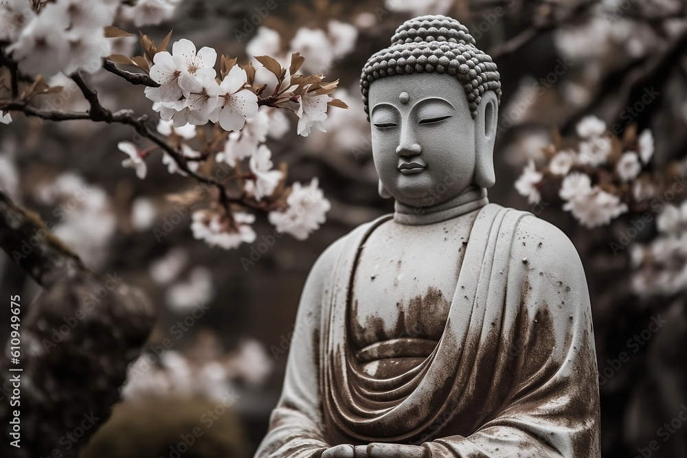 Buddha statue in a blurred lotus bamboo zen jungle, friendly peaceful ...
