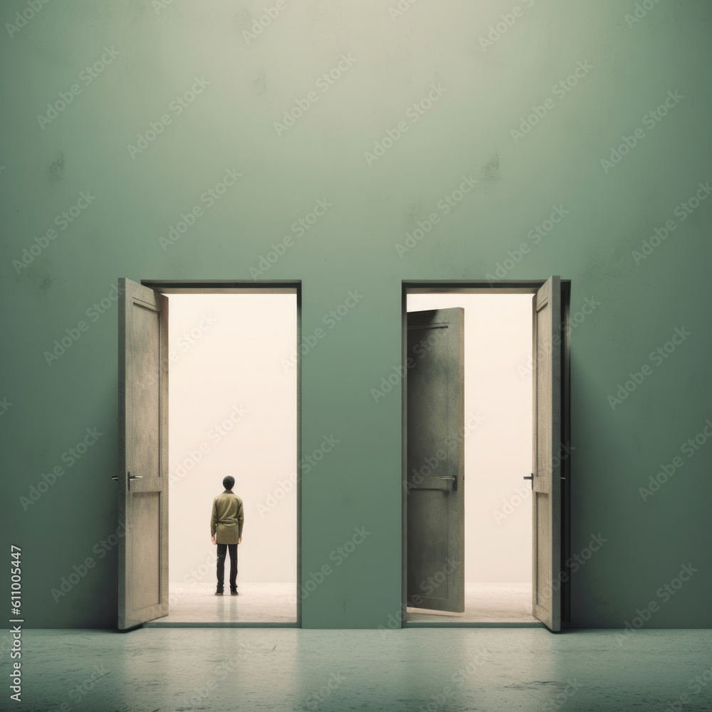 7. A person standing in between two doors one door representing the ...