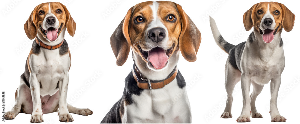 Dog collection, happy beagle set (portrait, sitting and standing ...