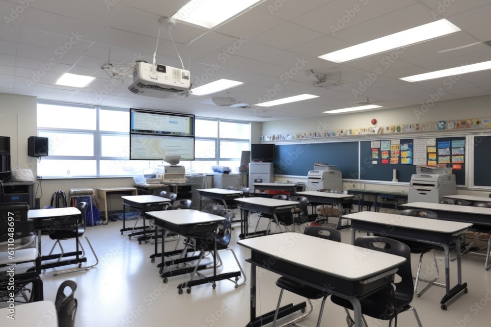 modern classroom full of technology and modern learning tools, including projectors, laptops and ...