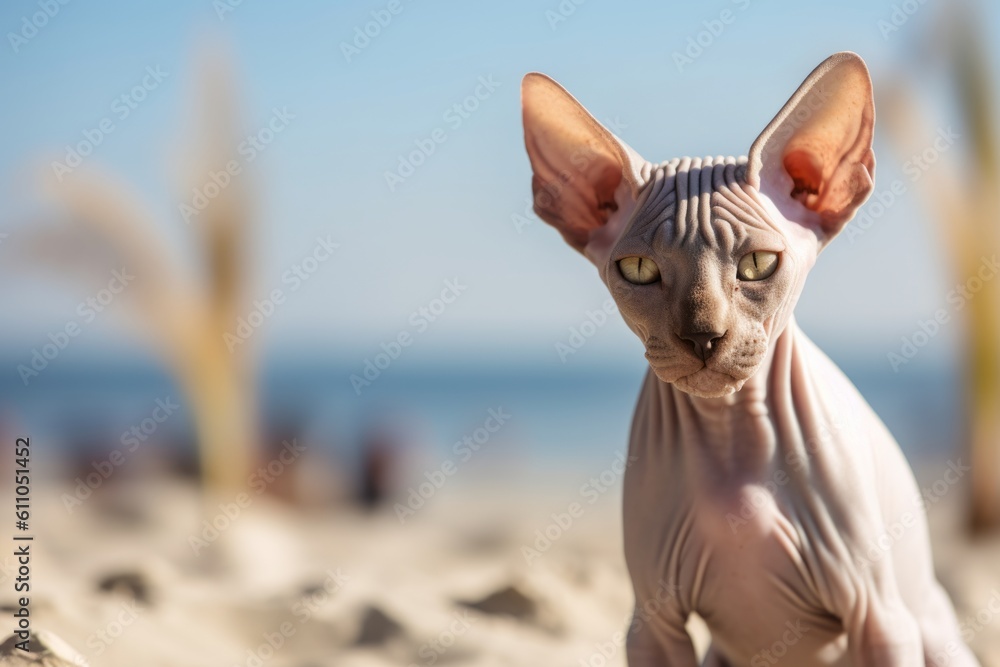 Lifestyle Portrait Photography Of A Cute Sphynx Cat Playing Against A