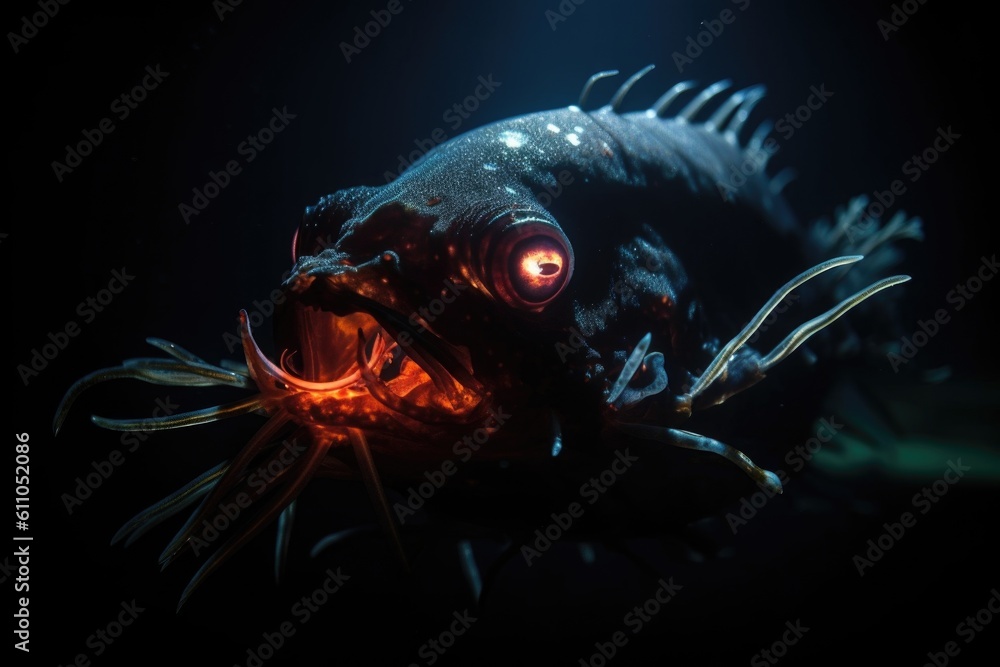 deep-sea anglerfish, with bioluminescent lure and glowing red eyes ...