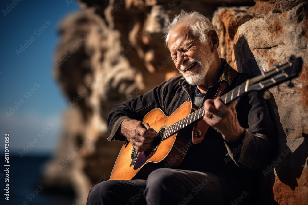 Headshot portrait photography of a glad old man playing the guitar ...