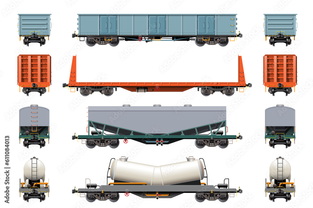 VECTOR EPS10 - various freight car, train cargo wagons,side view front ...