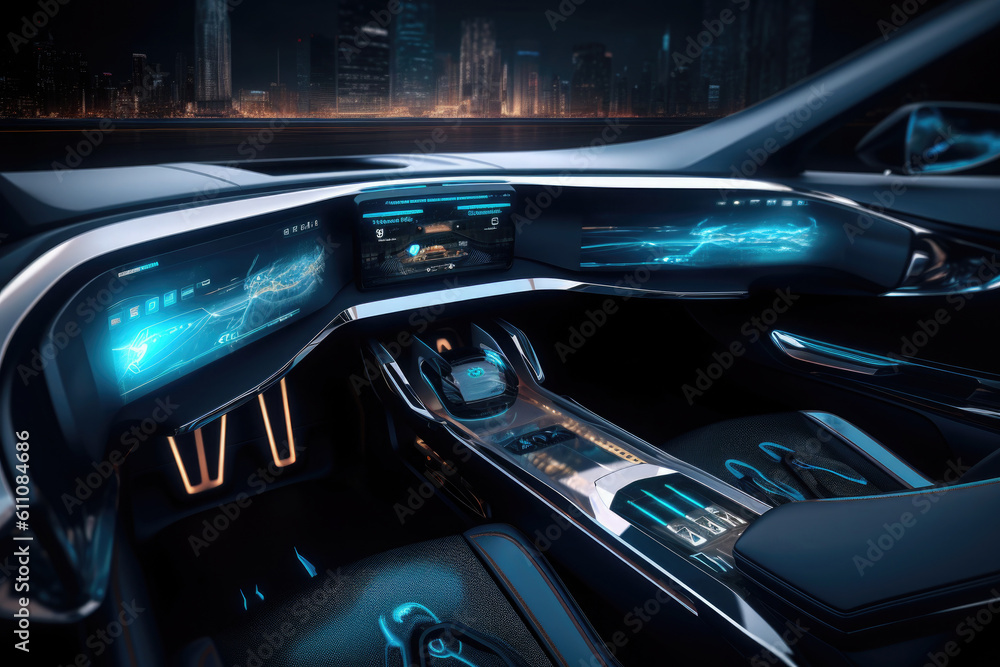 Futuristic interior of luxury car. Car cockpit with digital dashboard ...