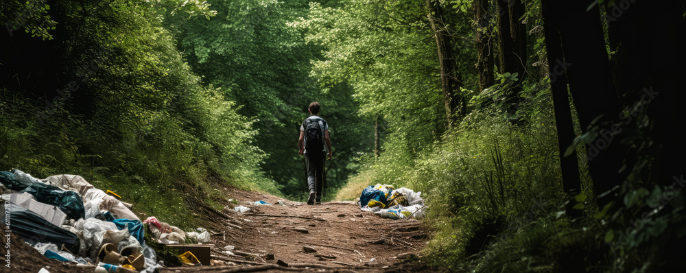 Captivating image of a hiker leaving an abandoned campsite with litter ...