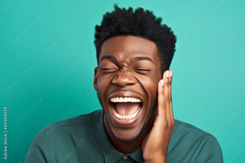 Close-up portrait photography of a glad boy in his 30s placing the hand ...