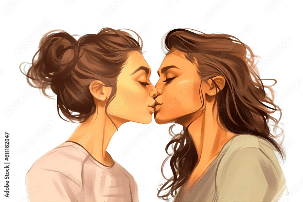 Cartoon illustration of lesbian couple kissing each other over transparent backdrop. Generative ...